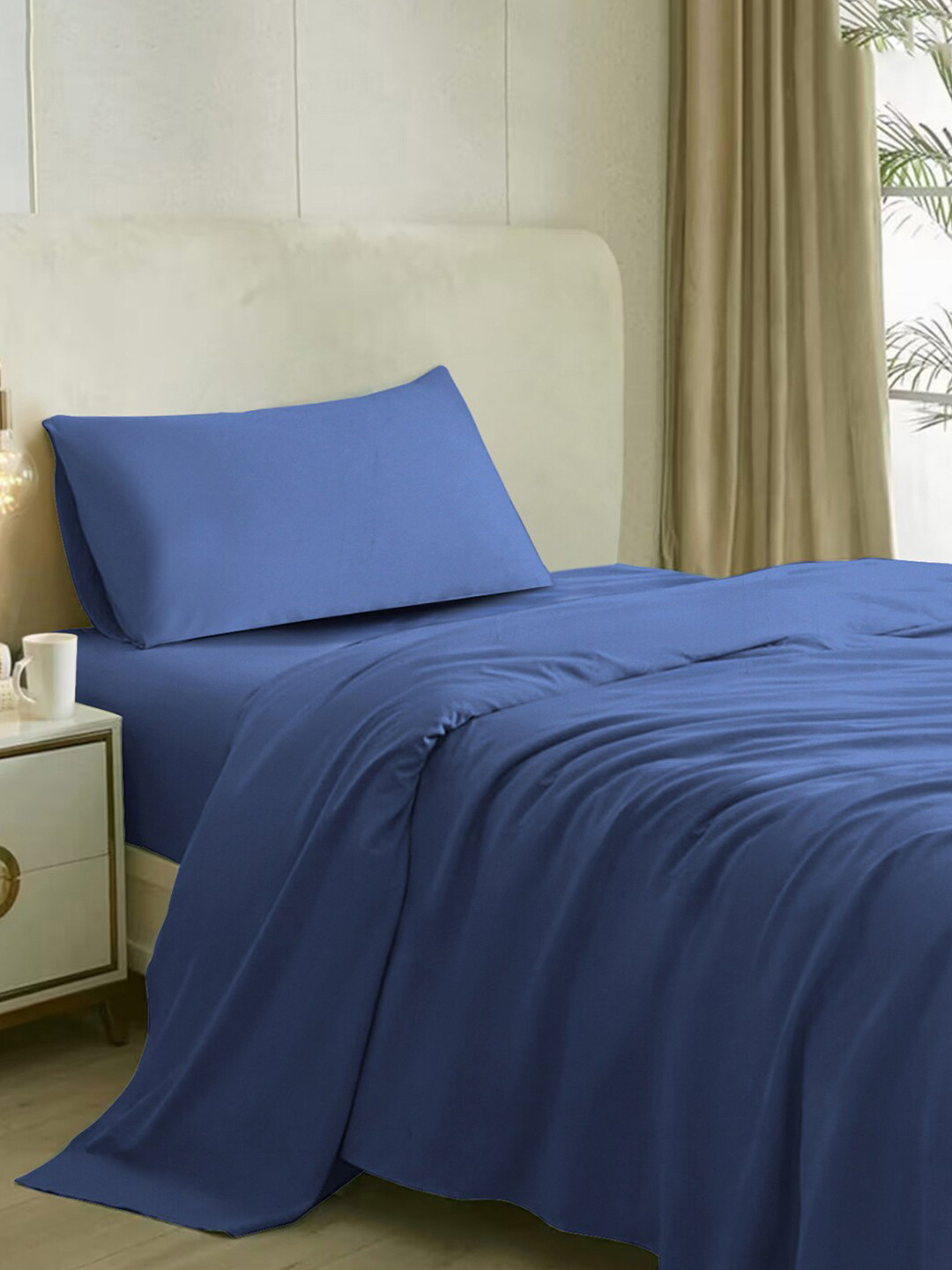 Buy Naksh Blue Cotton 300 TC Single Bedsheet With 1 Pillow Cover ...