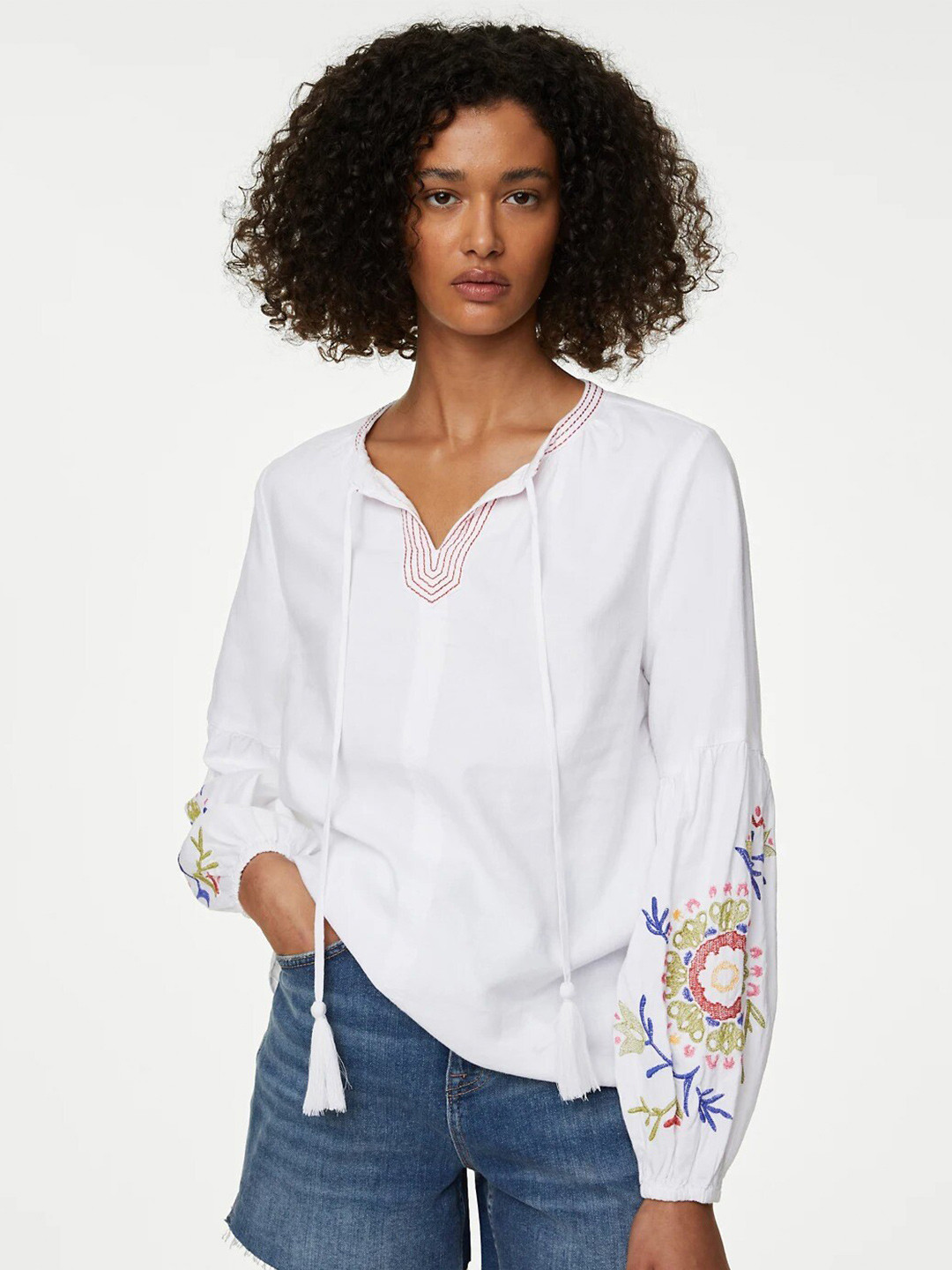 Buy Marks & Spencer Embroidered Tie Up Neck Linen Top - Tops for Women ...