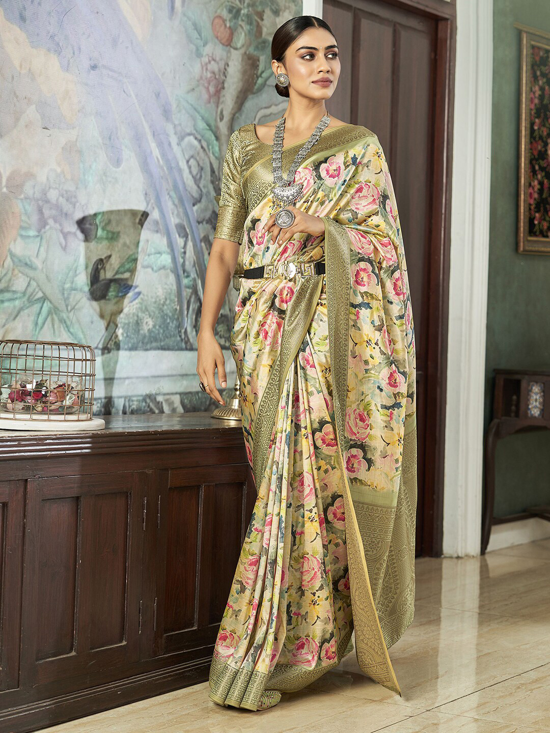 Buy Satrani Floral Printed Zari Saree - Sarees for Women 24798066 | Myntra