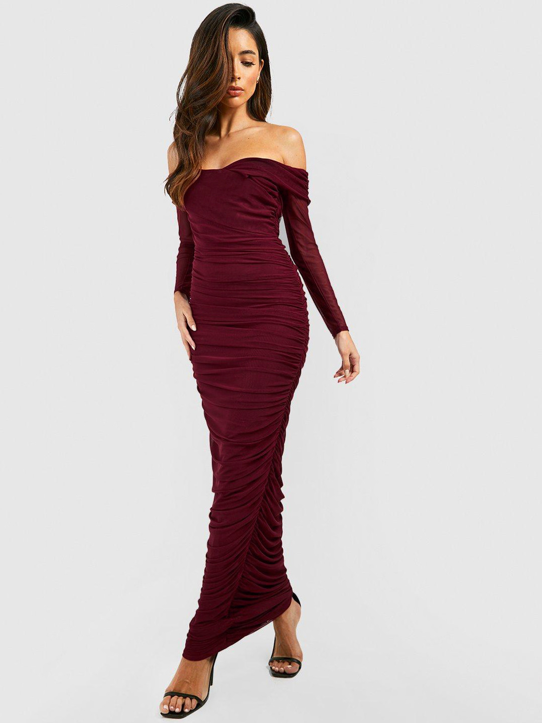 Buy Boohoo Ruched Off Shoulder Net Maxi Dress - Dresses for Women ...