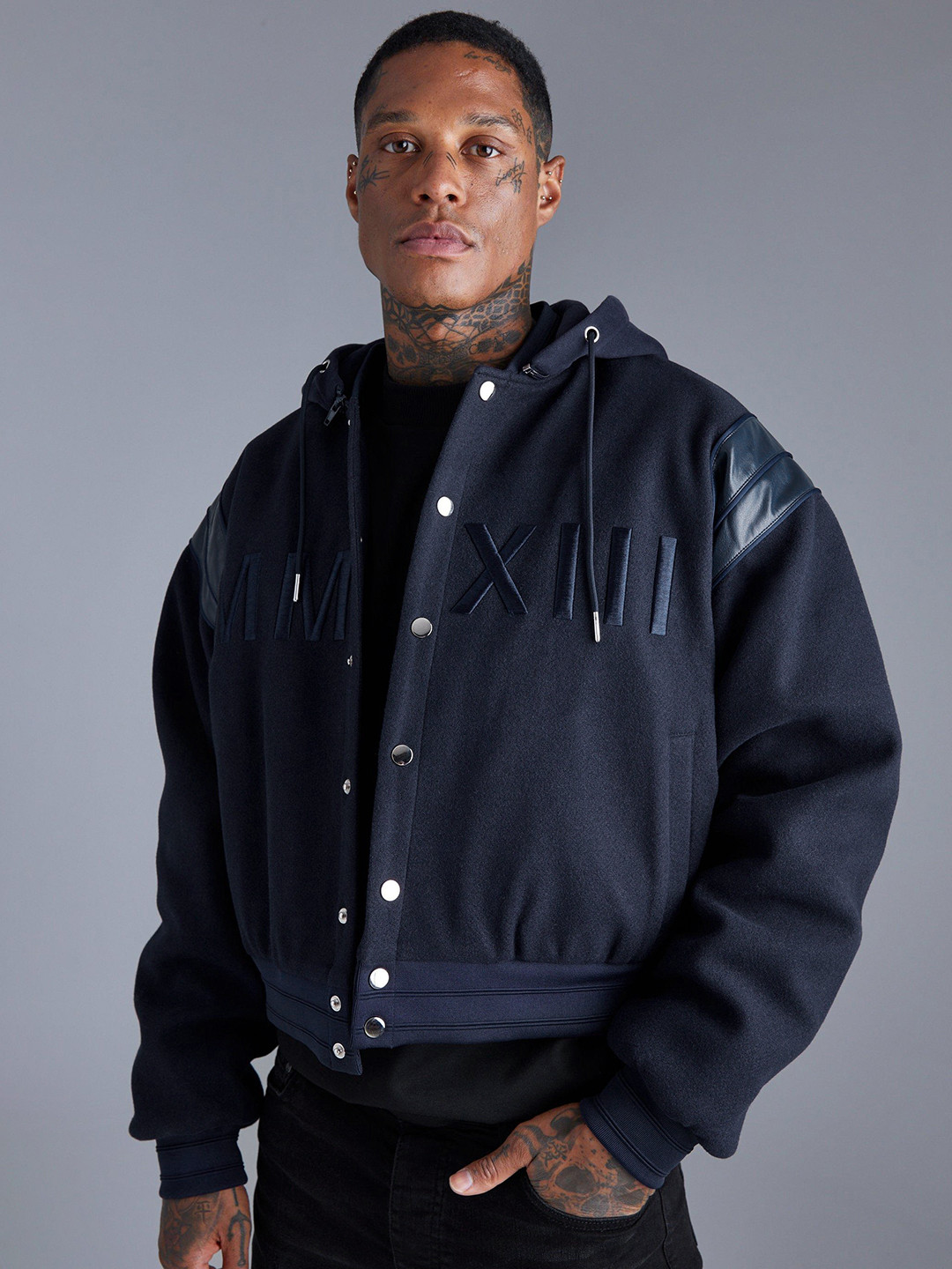 Buy BoohooMAN Mmxii Varsity Hooded Bomber Jacket - Jackets for Men ...