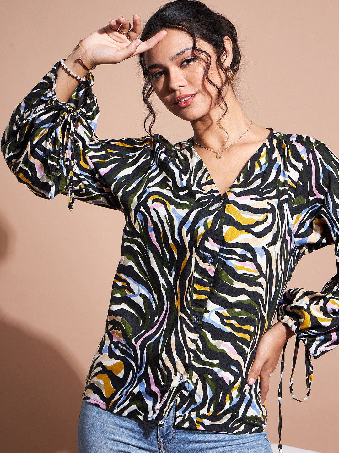 Buy Roadster White Geometric Print Peter Pan Collar Puff Sleeve Crepe ...