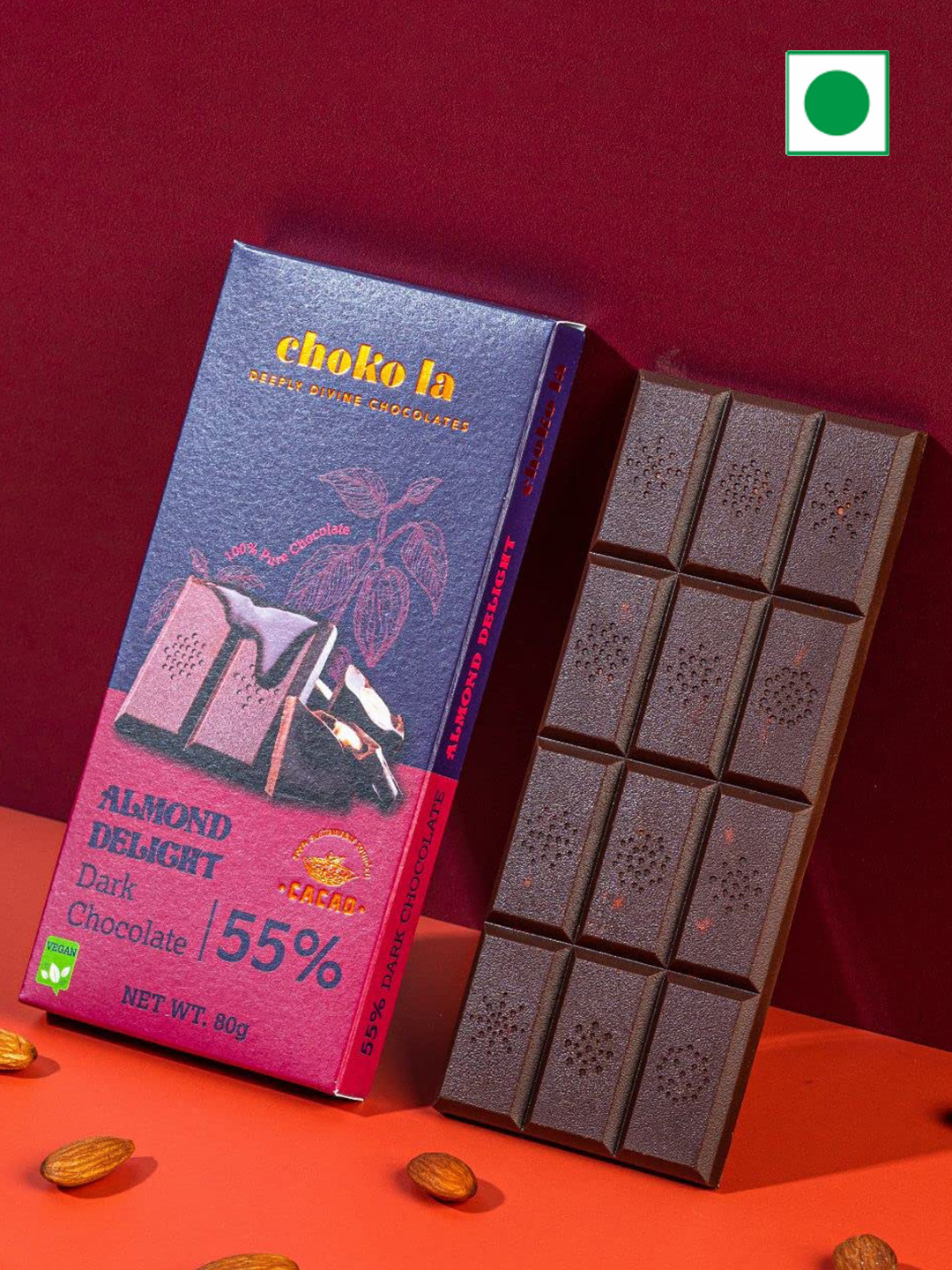 Buy Choko La Almond Delight 55% Vegan Dark Chocolate Bar 80 Gms ...
