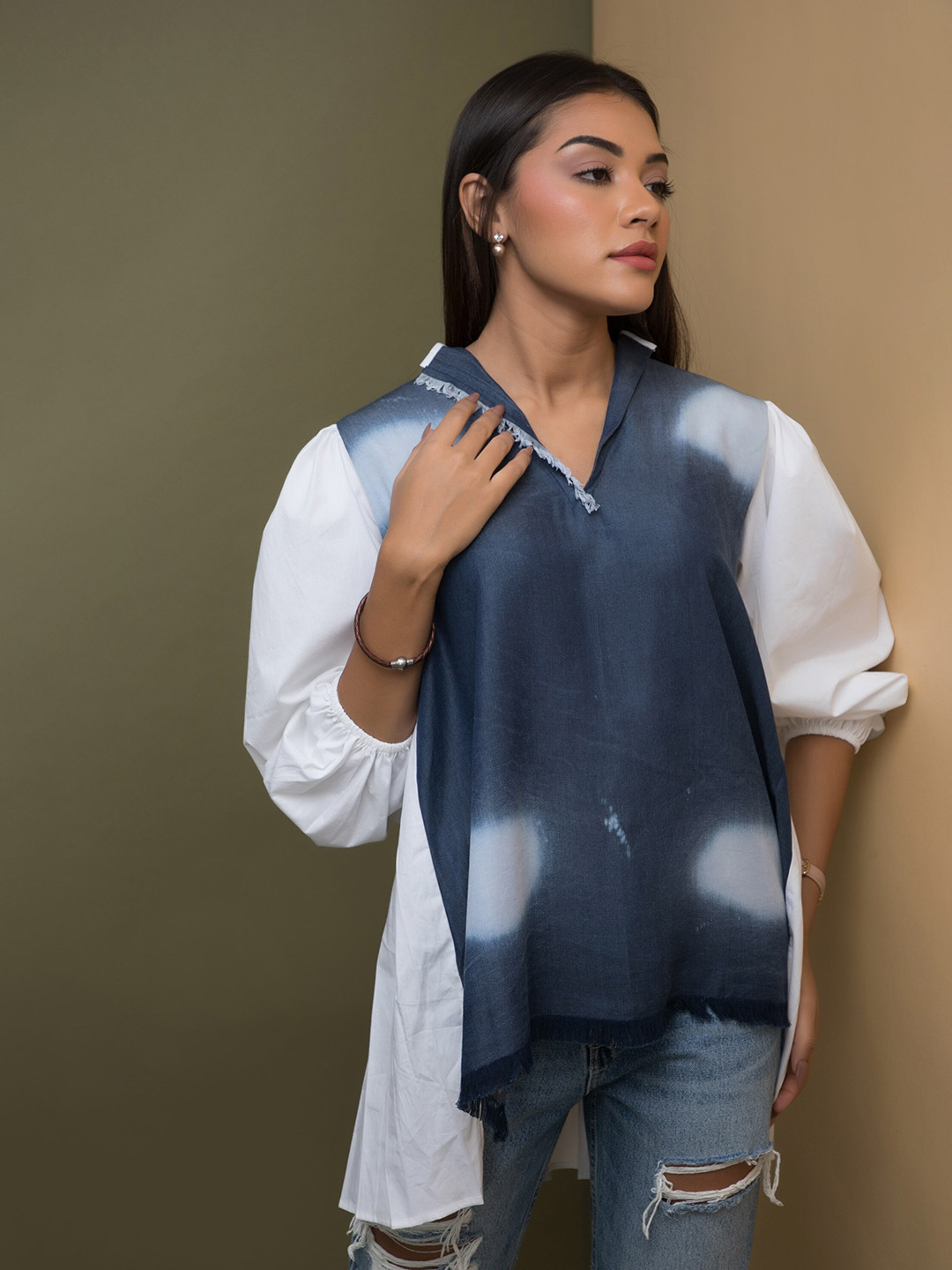 Buy Rhe Ana Faded Denim Pleated High Low Hemline Puff Sleeves Cotton ...