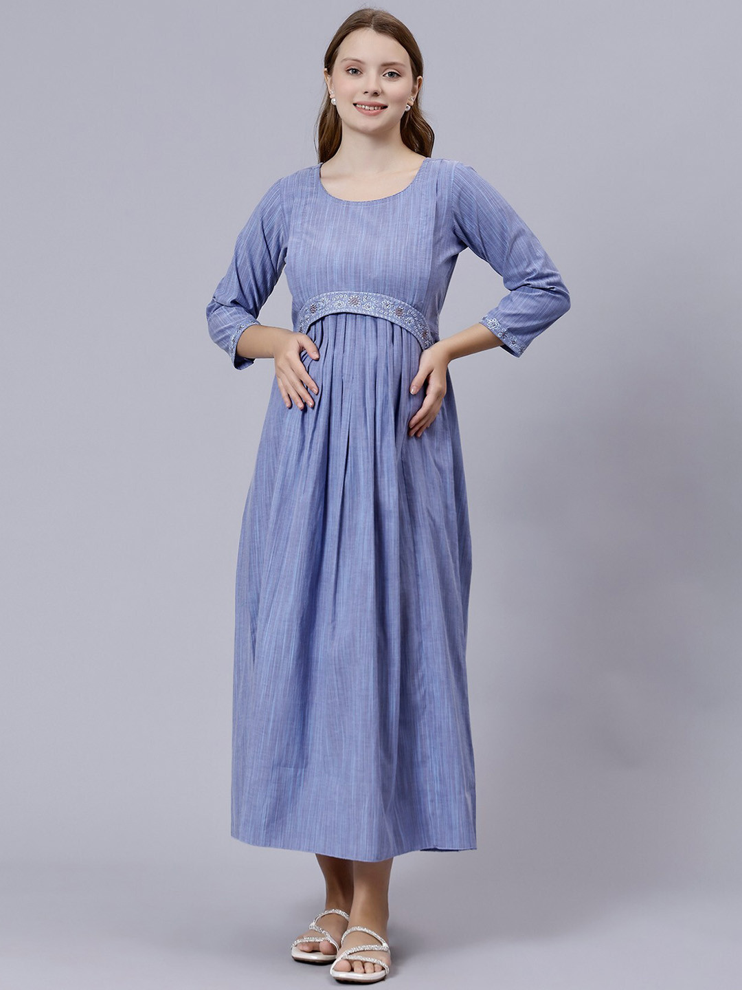 Buy DUMMY SHAPE Striped Embroidered Fit & Flare Midi Pure Cotton ...