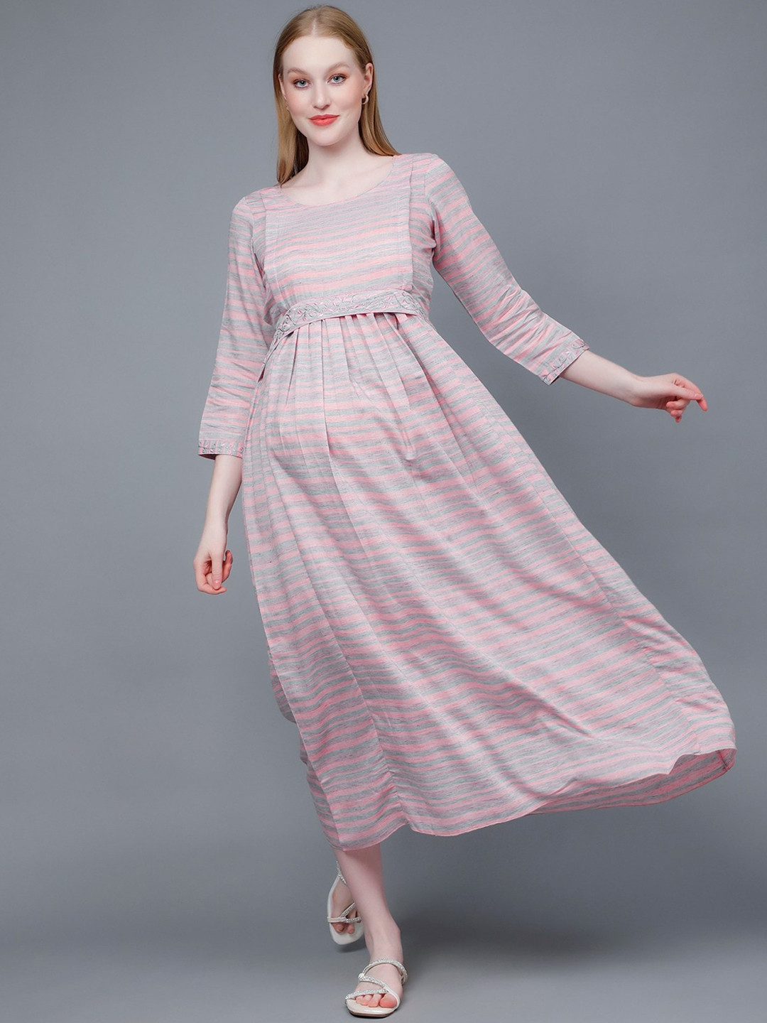 Buy DUMMY SHAPE Striped Embroidered Fit & Flare Midi Pure Cotton ...