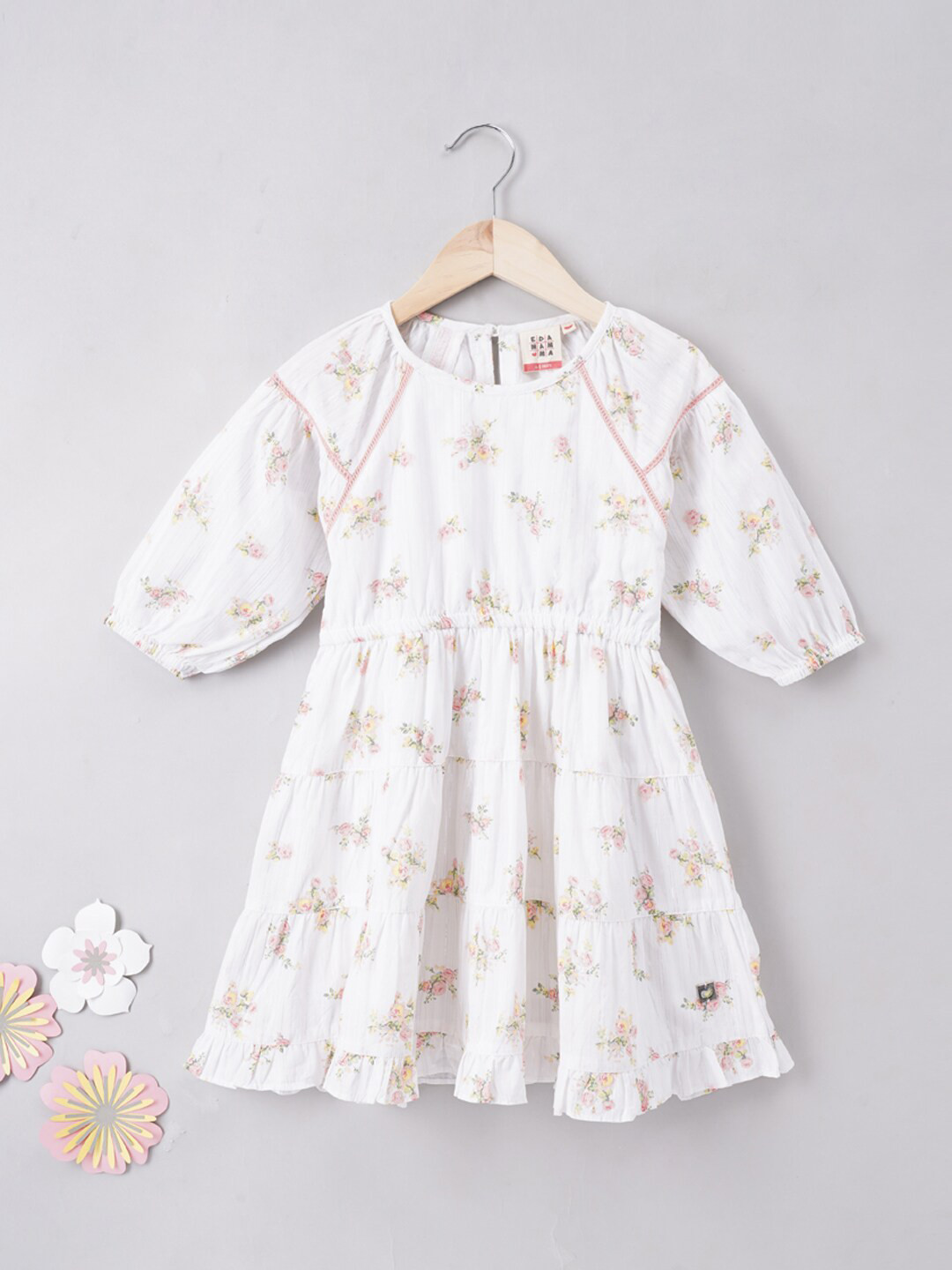Buy Ed A Mamma Girls Floral Printed Puff Sleeves Pure Cotton A Line ...