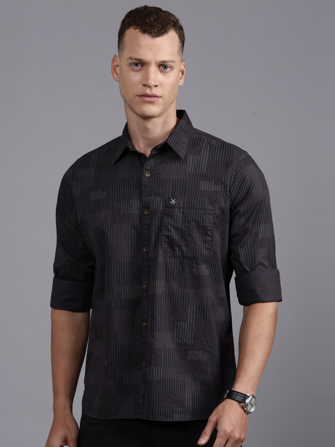 Buy WROGN Self Design Textured Custom Denim Acrylic Casual Shirt ...