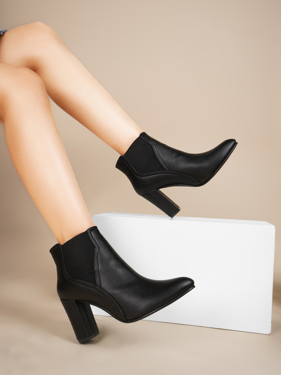 Buy SHUZ TOUCH Women Mid Top Block Heel Pointed Toe Chelsea Boots ...