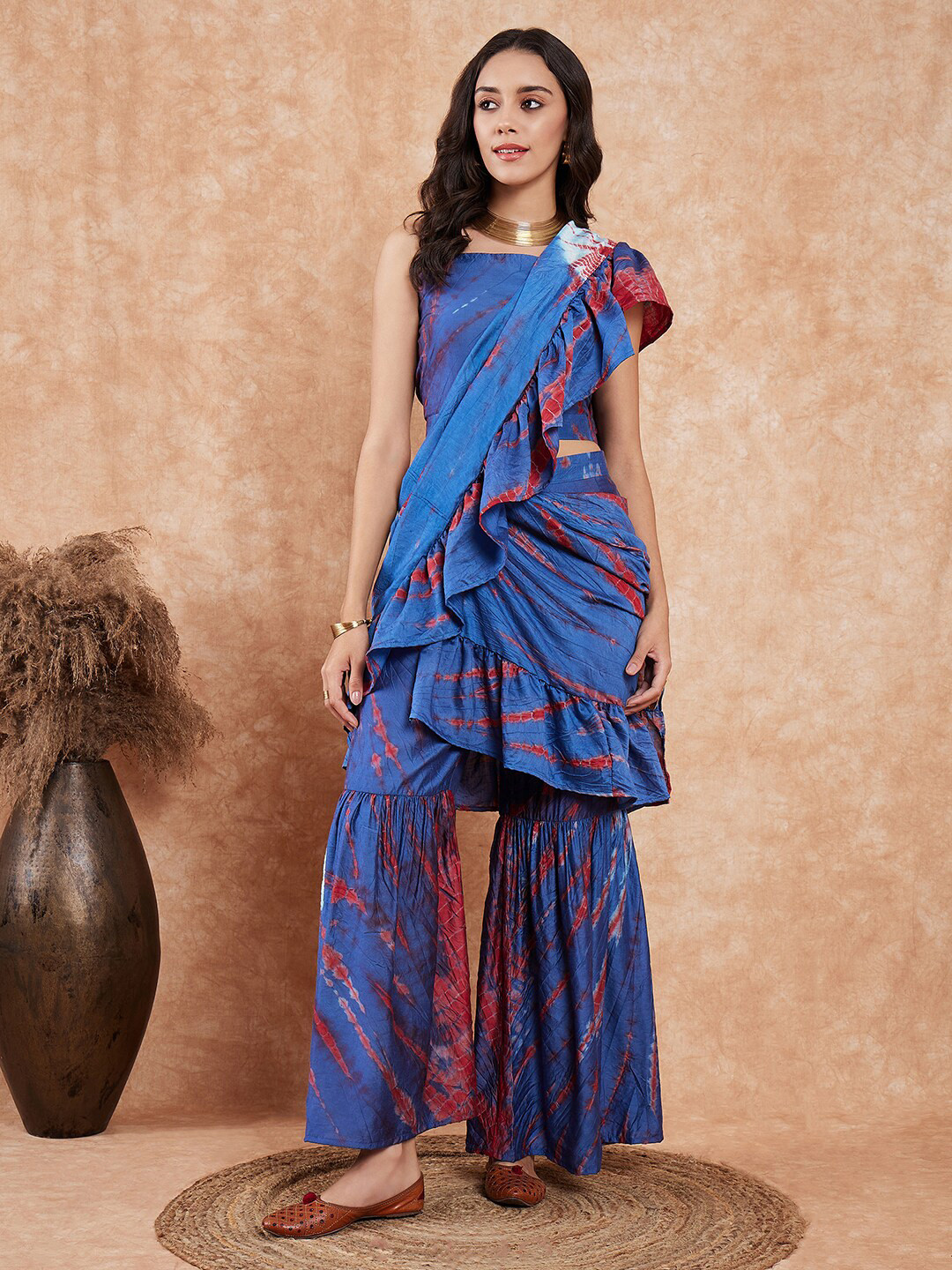 Buy InWeave Leheriya Frill Detail Palazzo Saree - Sarees for Women ...
