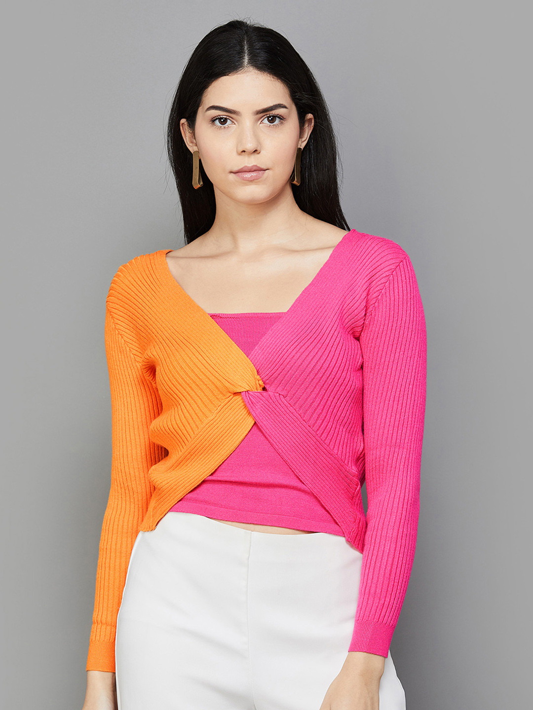Buy CODE By Lifestyle Colourblocked V Neck Fitted Crop Top - Tops for ...
