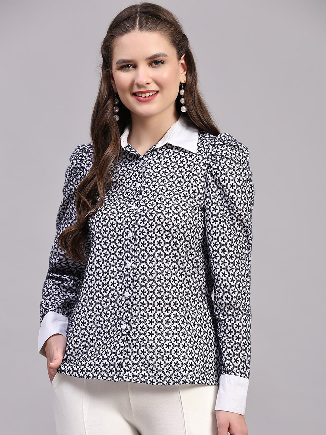 Buy Pomegal Premium Geometric Self Design Schiffli Contrast Collar ...