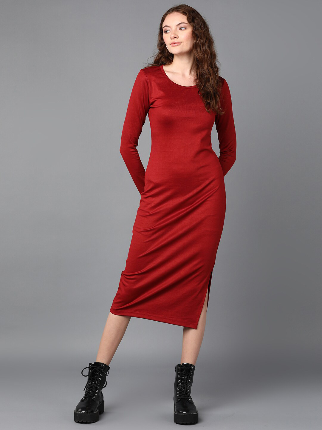 Buy Roadster Maroon Long Sleeves Bodycon Dress - Dresses for Women ...