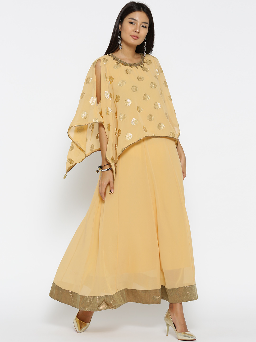 Buy Fusion Beats Women Beige Printed Layered Maxi Dress - Dresses for ...