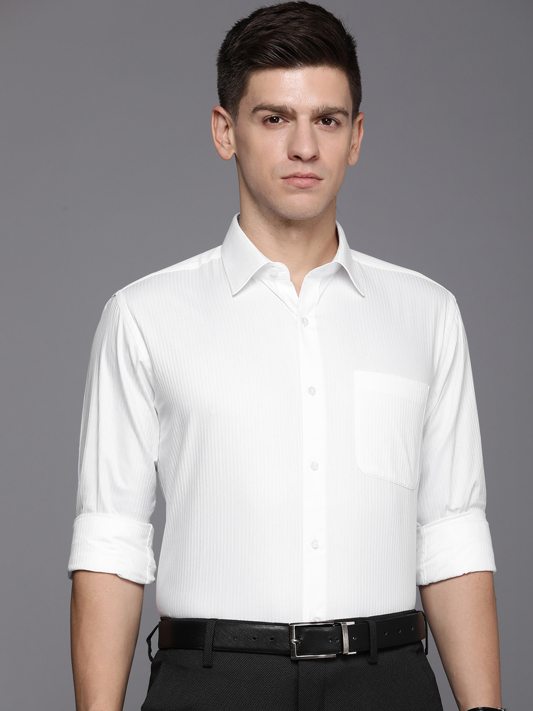 Buy Raymond Self Striped Textured Pure Cotton Slim Fit Formal Shirt ...