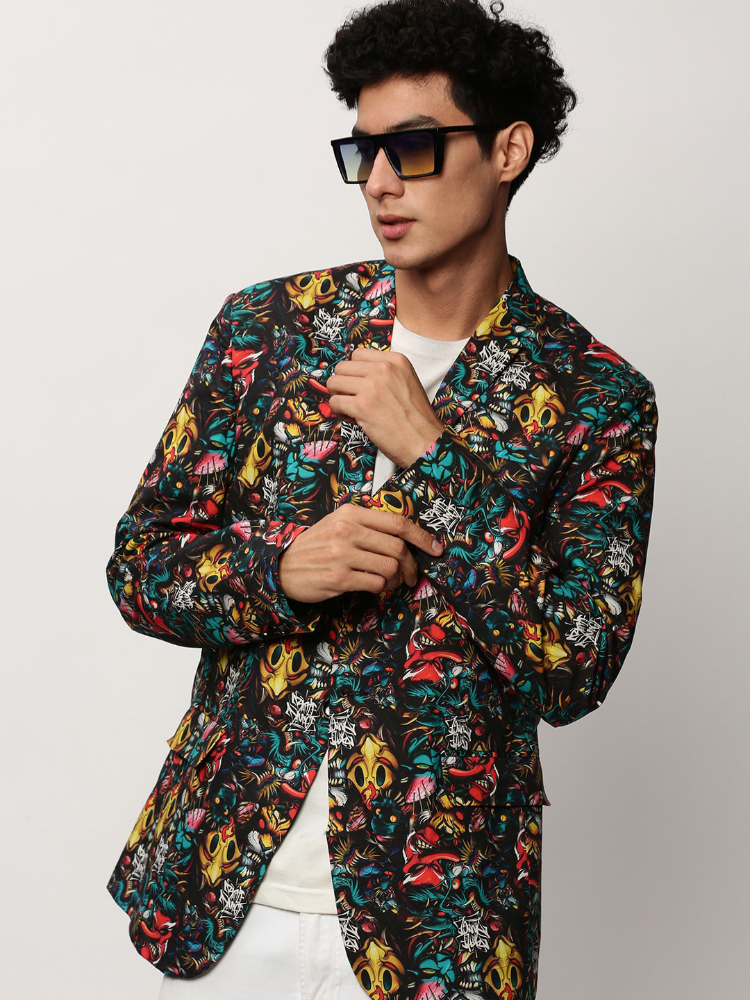 Buy SHOWOFF Graphic Printed Slim Fit Single Breasted Cotton Blazer ...