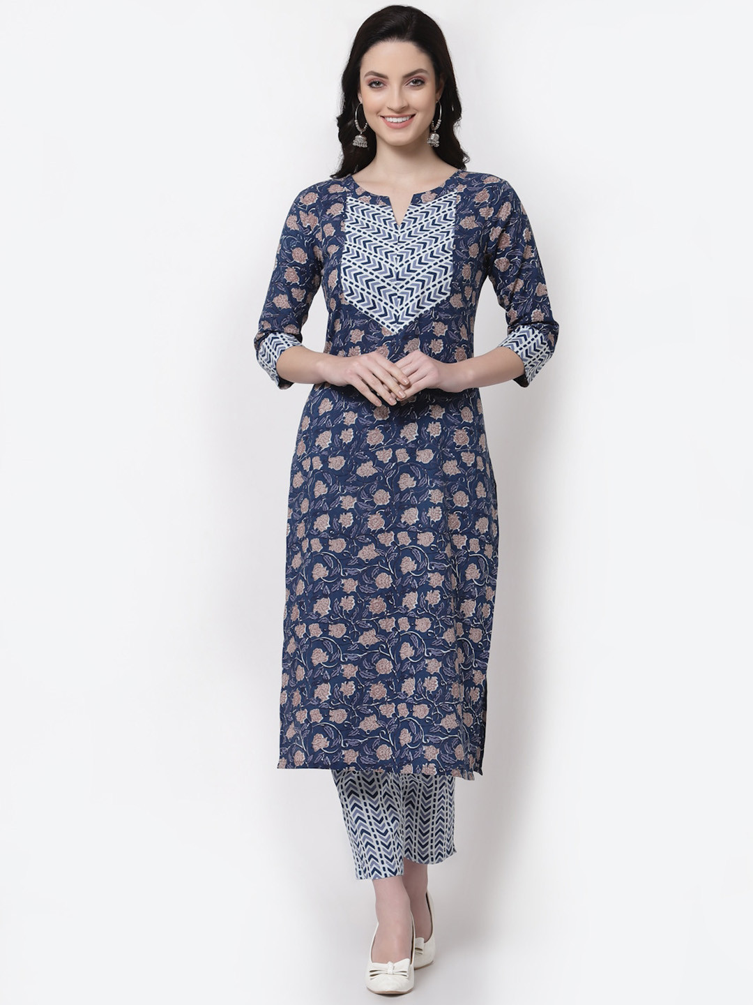 Buy LARGISH Floral Printed Band Collar Pure Cotton Straight Kurta ...