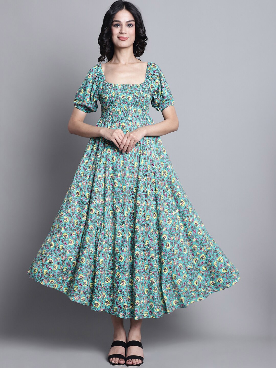 Buy Kalini Floral Printed Puff Sleeves Smocked Fit And Flare Midi Dress