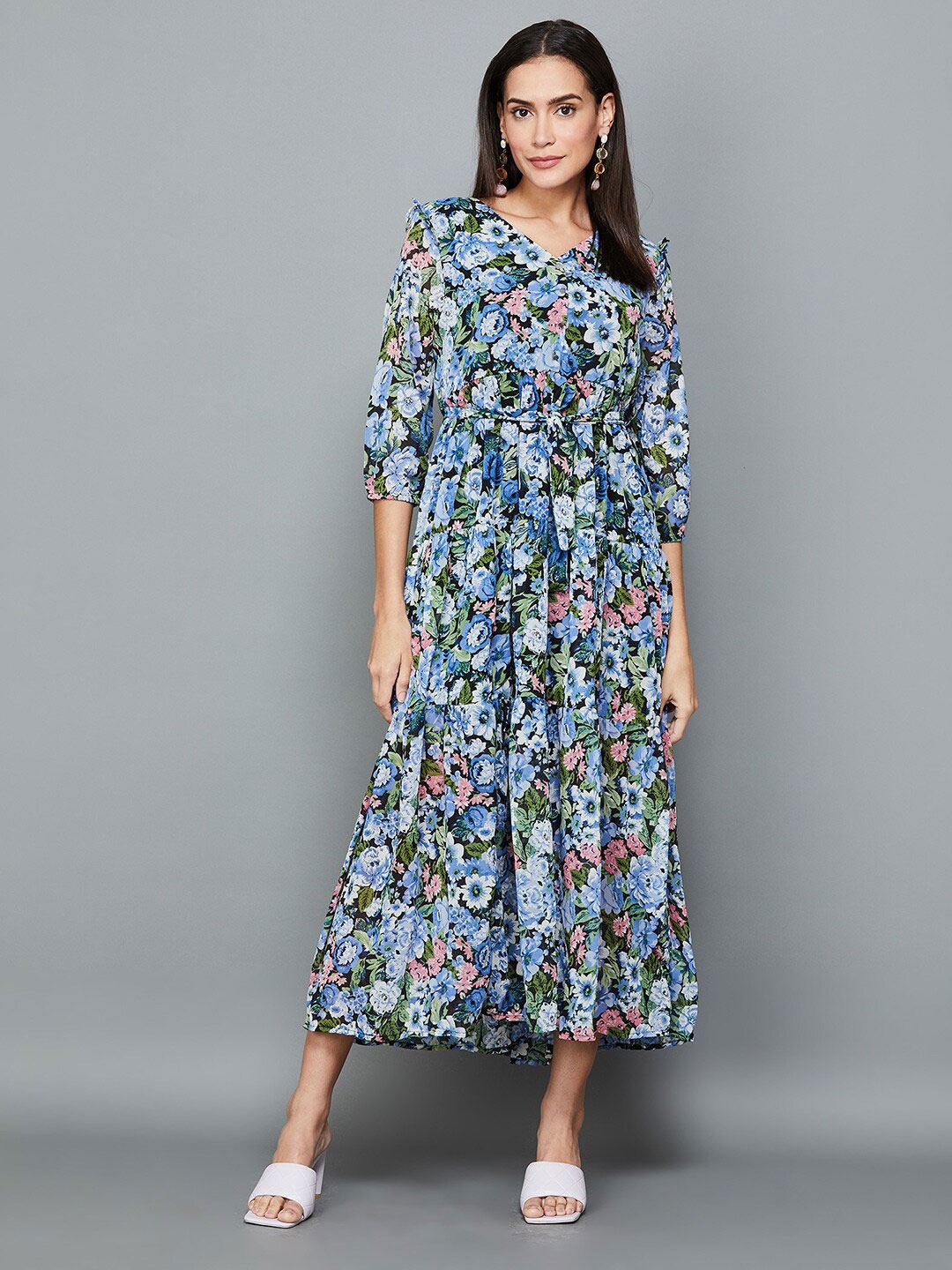 Buy Code By Lifestyle Floral Printed V Neck Puff Sleeve Tie Ups Fit