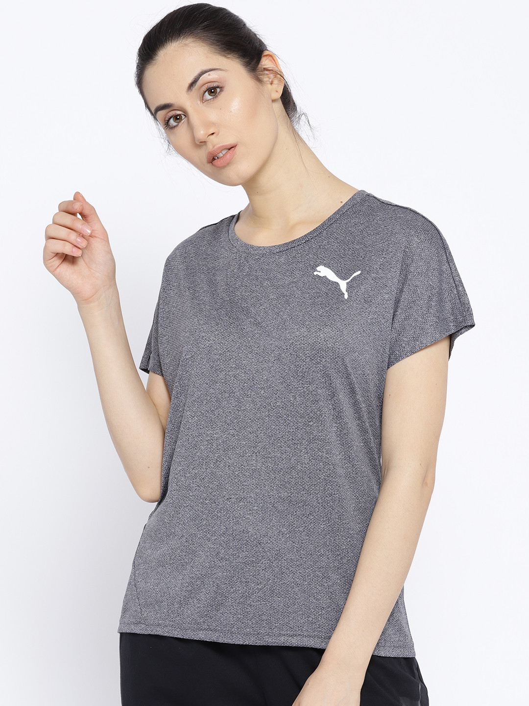 Buy Puma Women Grey Melange Active ESS Mesh Round Neck T Shirt ...