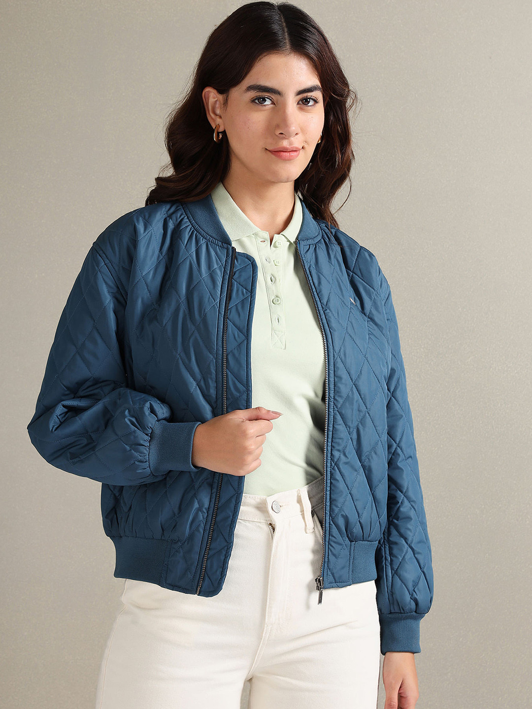 Buy U.S. Polo Assn. Women Checked Mandarin Collar Quilted Jacket ...