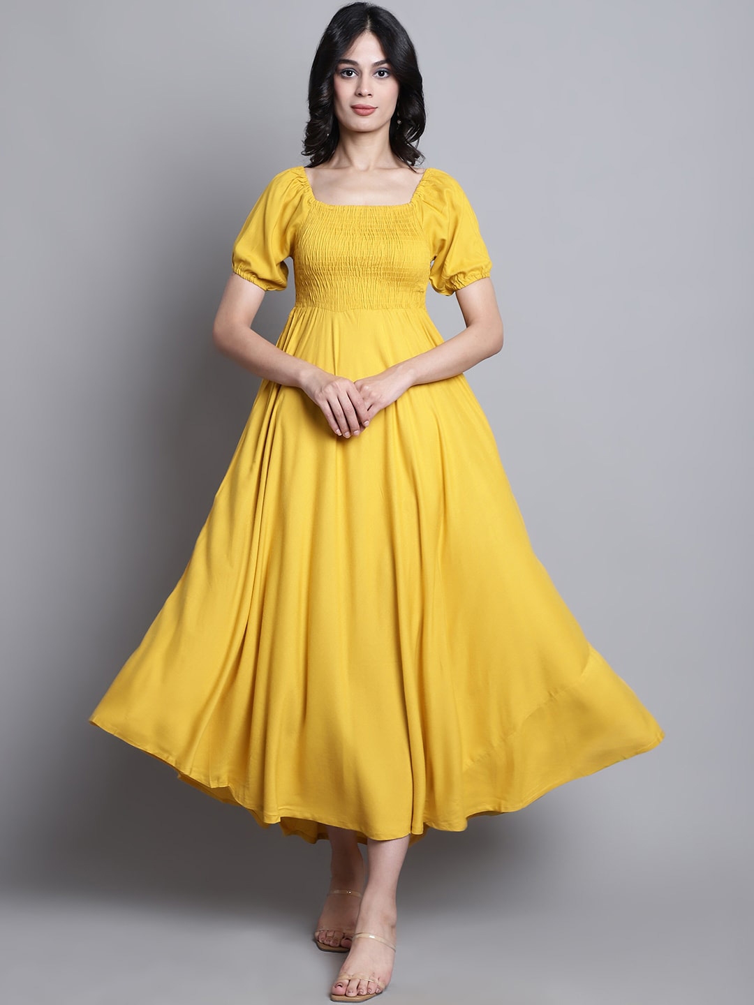 Buy Aawari Smocked Detailed Square Neck Puff Sleeves A Line Midi Dress