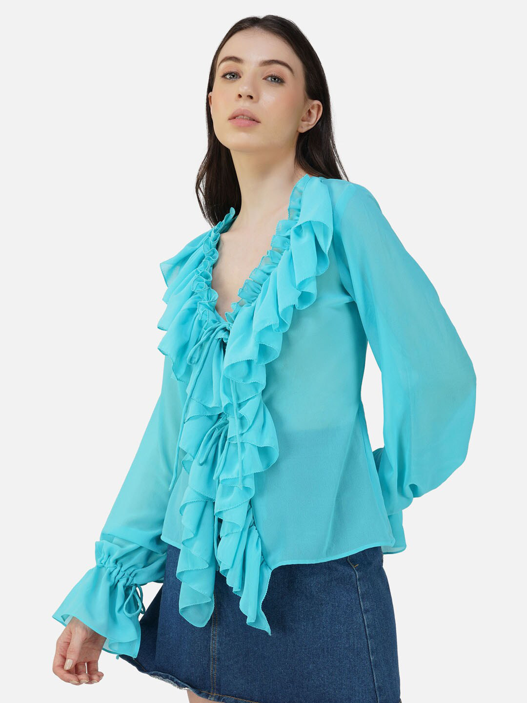 Buy DEPANO Tie Up Neck Bell Sleeve Ruffled Semi Sheer Georgette Top ...