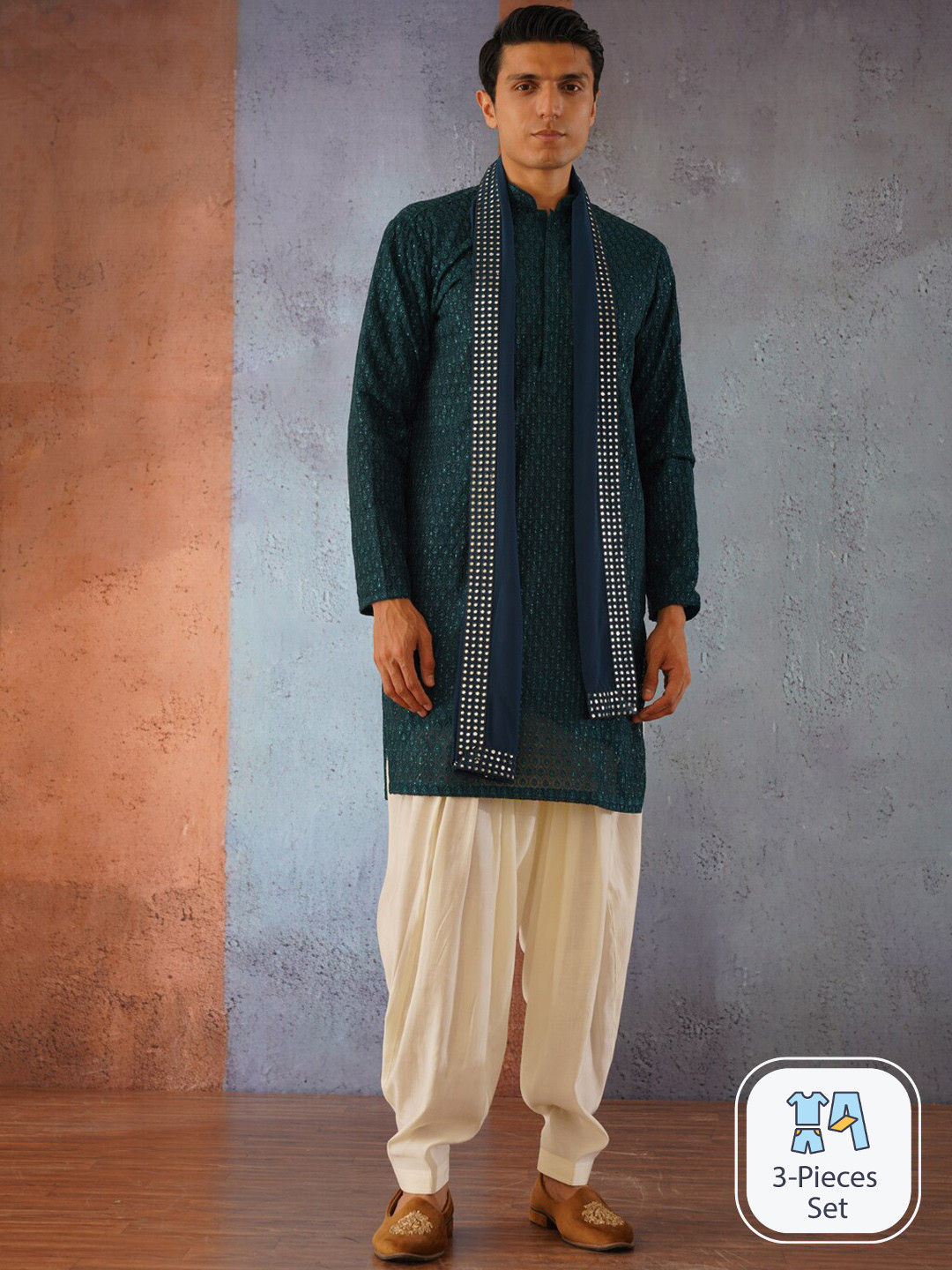 Buy KALPRAAG Peacock Green Embroidered Kurta With Patiala And Dupatta ...