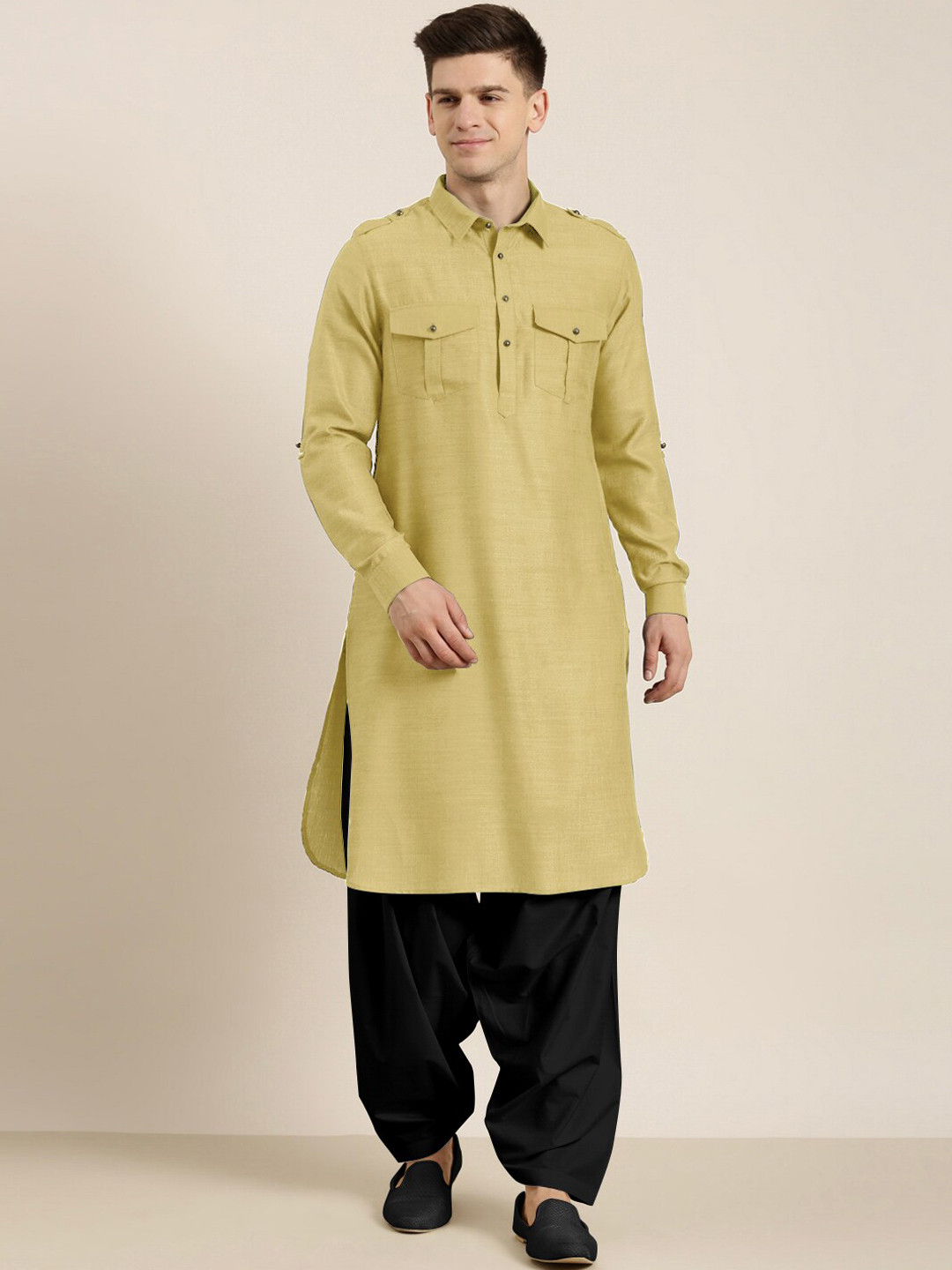 Buy TheEthnic.Co Shirt Collar Pure Cotton Pathani Kurta With Patiala ...