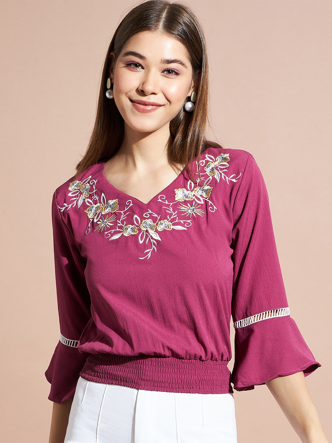 Buy DressBerry Burgundy Floral Embroidered Bell Sleeve Blouson Top ...