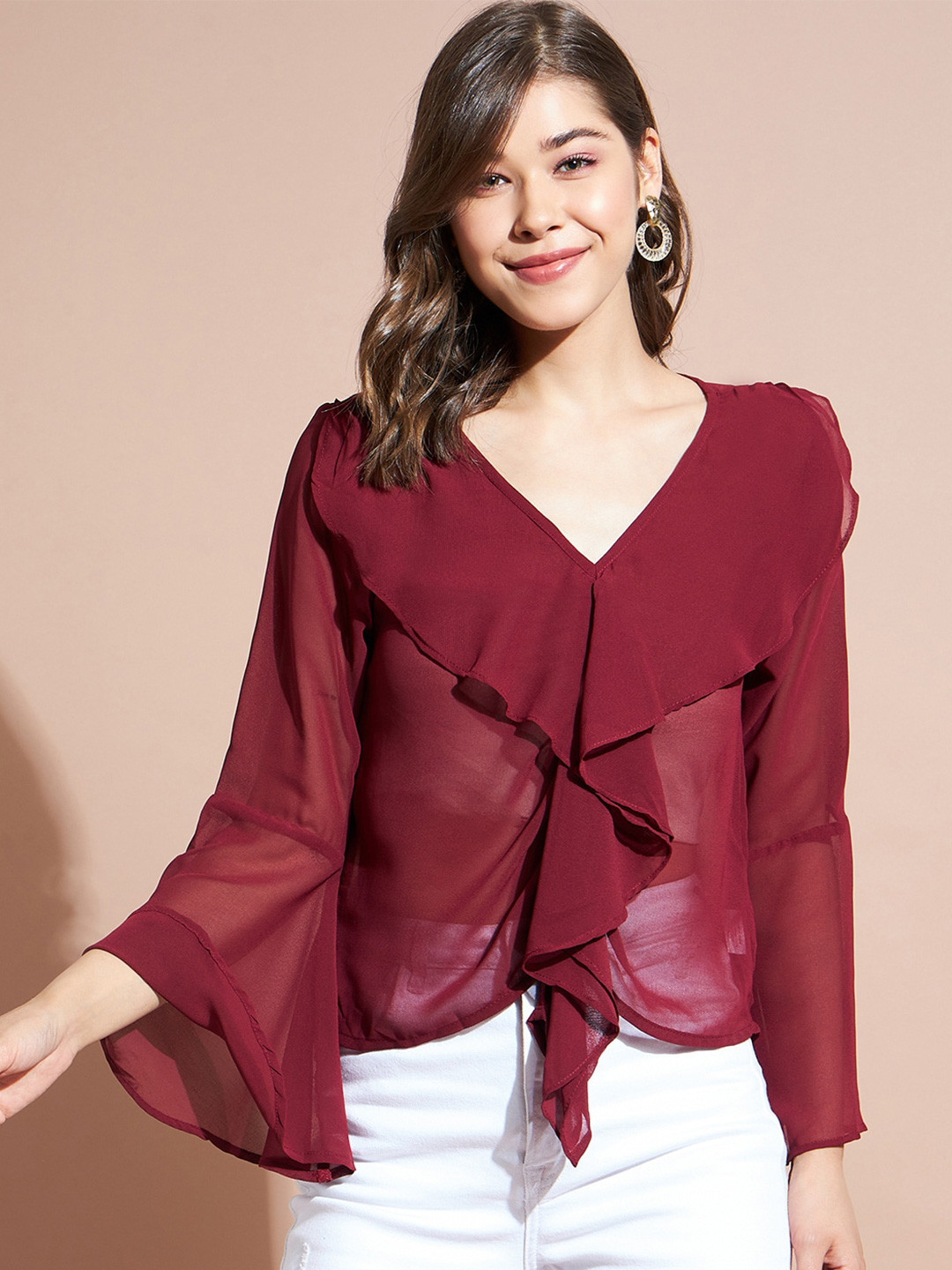 Buy DressBerry Maroon V Neck Bell Sleeves Top - Tops for Women 24880794 ...