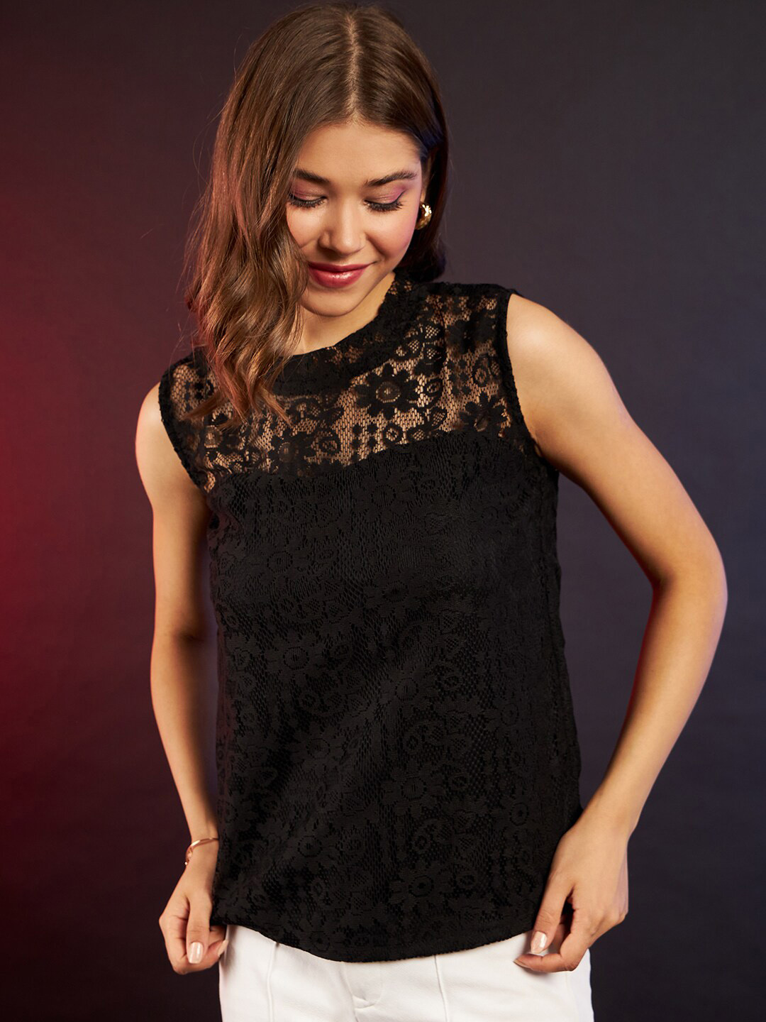 Buy DressBerry Black Self Design Round Neck Net Top - Tops for Women ...