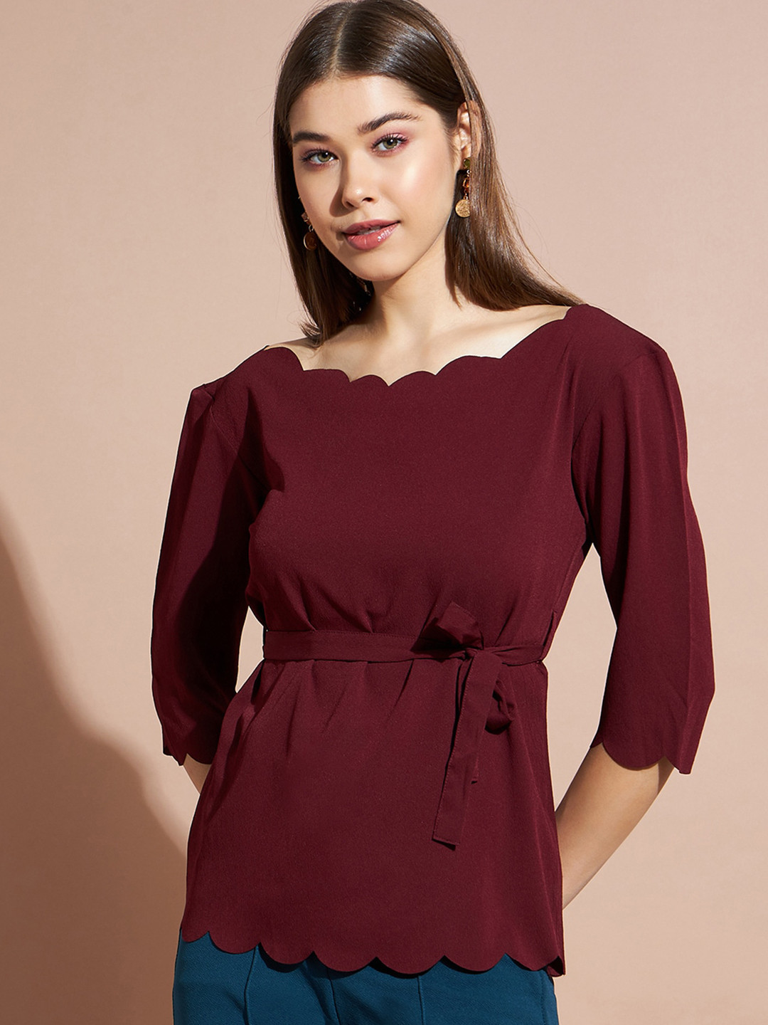Buy DressBerry Maroon Scalloped Hem Waist Tie Ups Regular Top - Tops ...