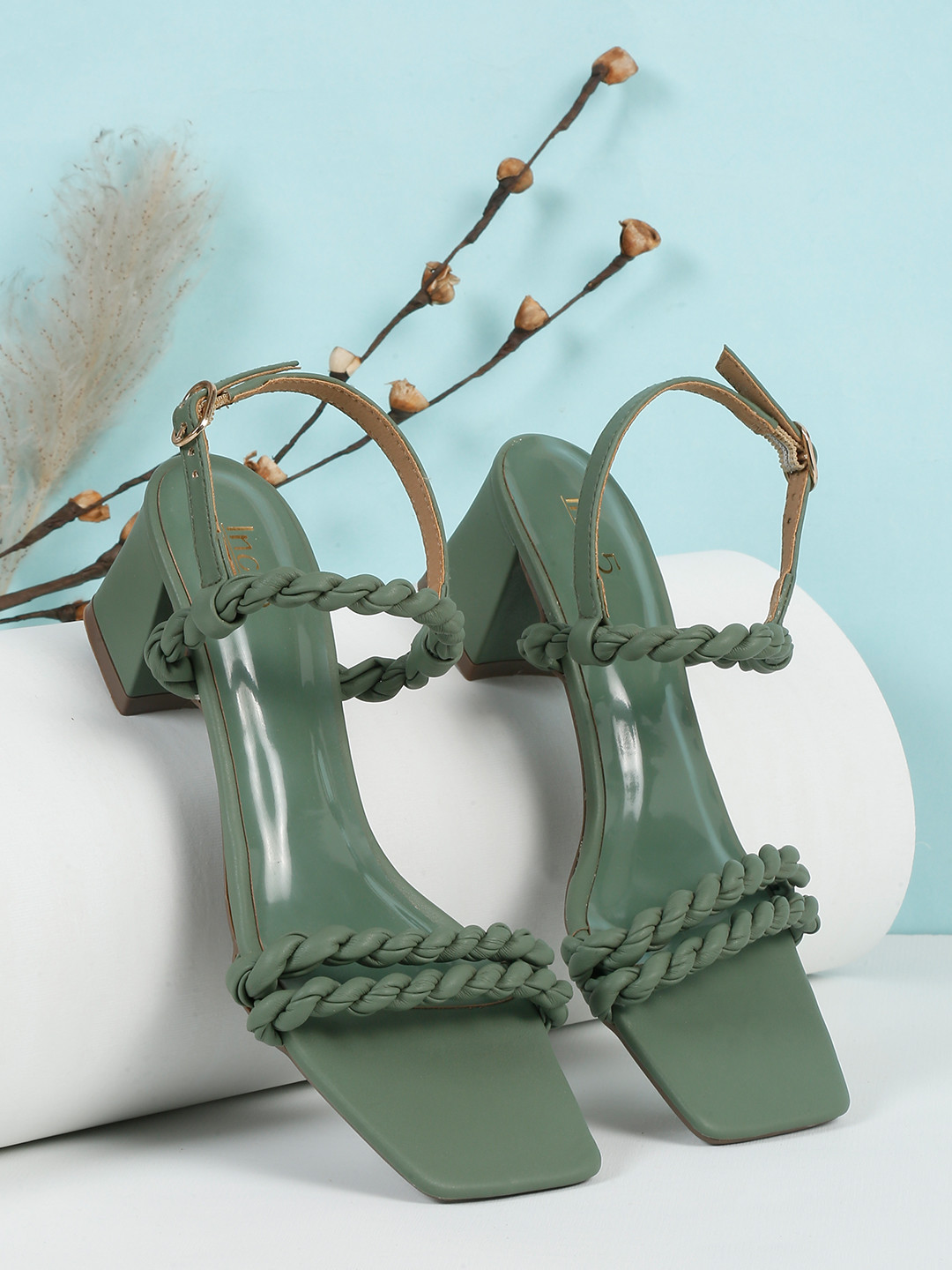 Buy Inc 5 Braided Open Toe Block Heels With Buckle Closure - Heels for ...