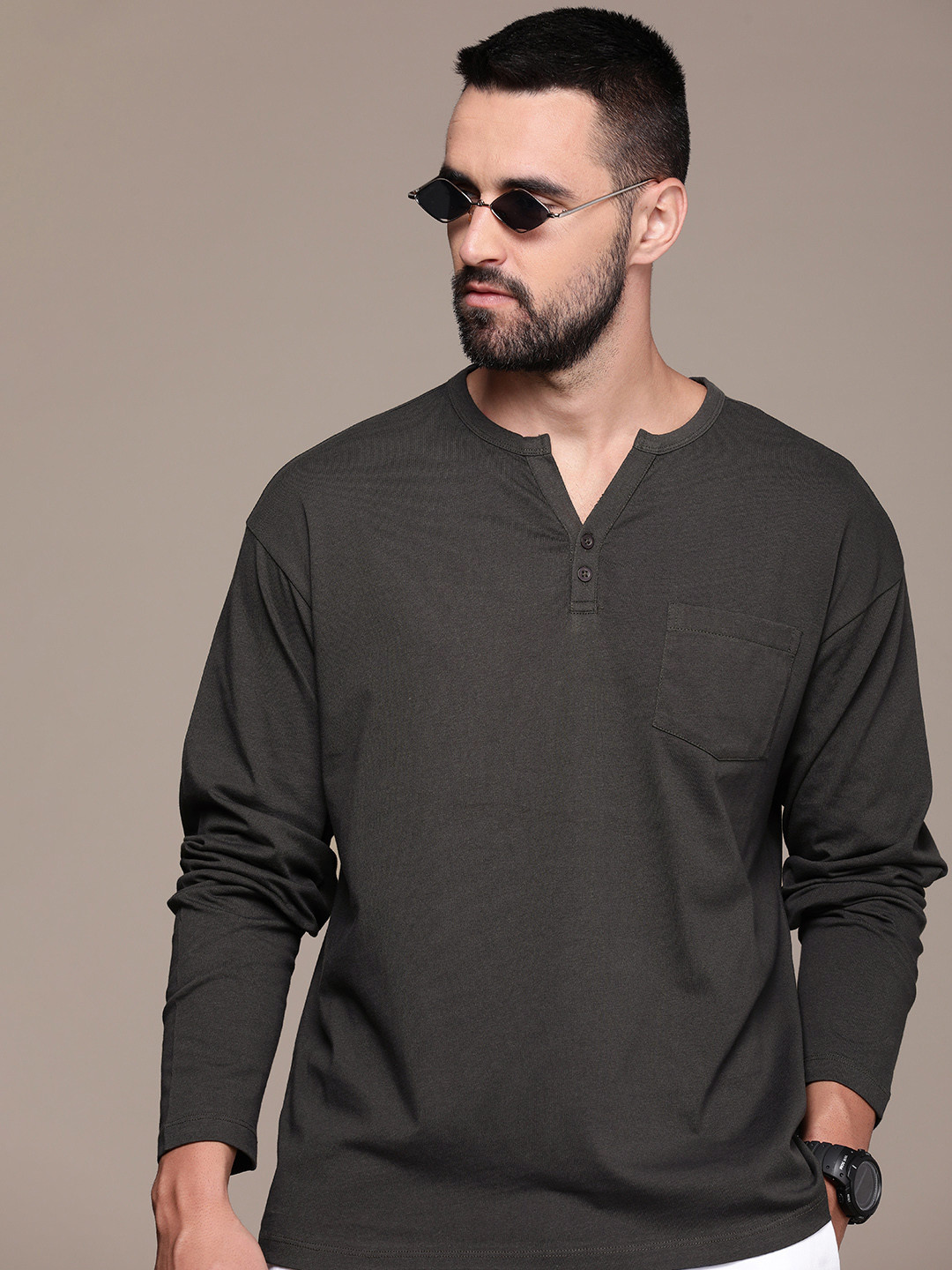 Buy The Roadster Life Co. Pure Cotton Henley Neck Drop Shoulder Sleeves ...