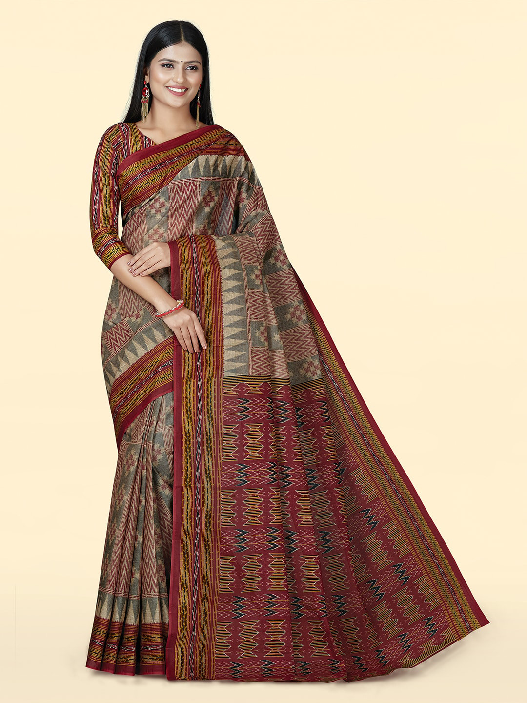 Buy SHANVIKA Ethnic Motifs Ikkat Printed Pure Cotton Block Print Saree ...