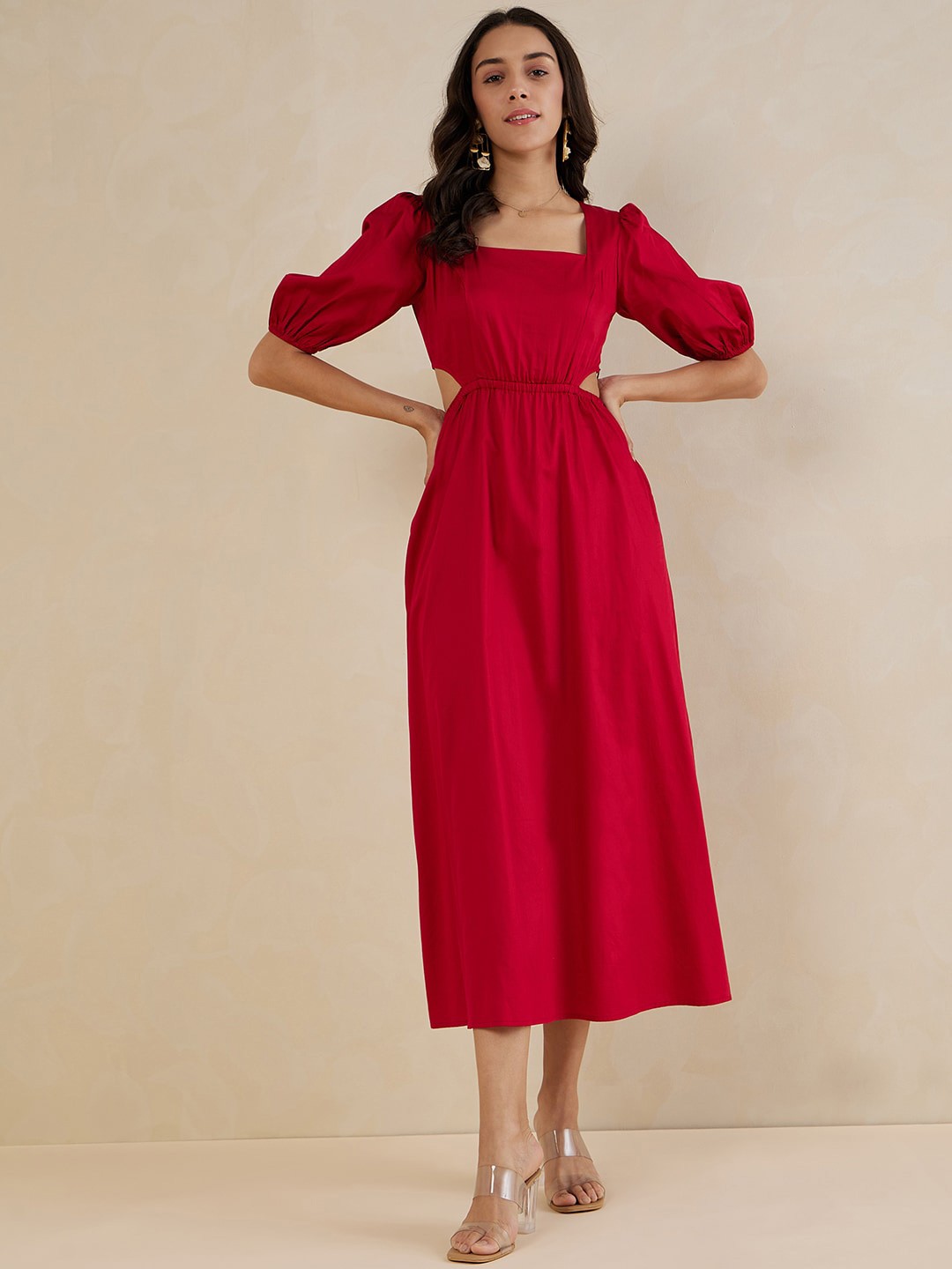 Buy Femella Square Neck Puff Sleeves Cotton Fit And Flare Midi Dress