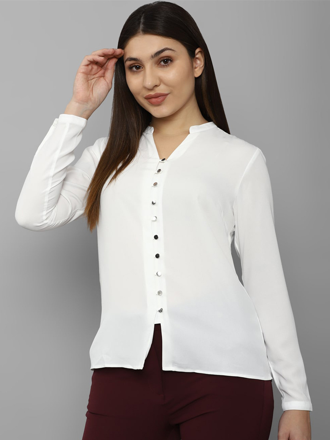 Buy Allen Solly Woman Mandarin Collar Long Sleeves Shirt Style Top ...
