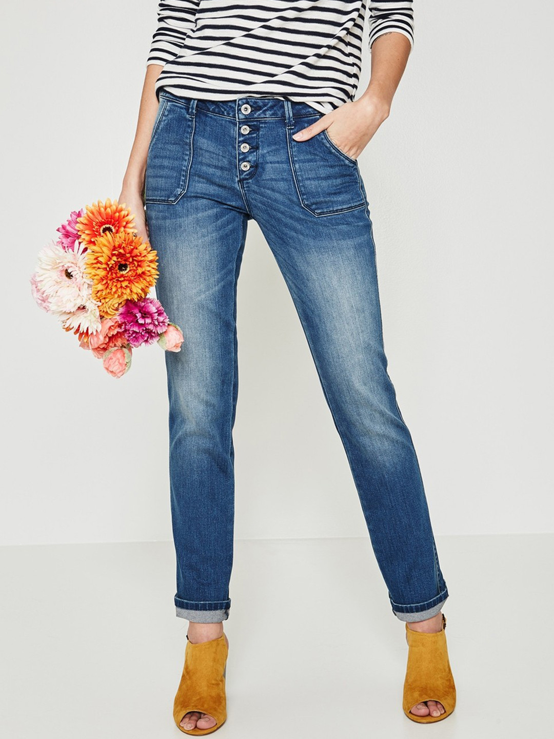 Buy Promod Women Blue Slim Fit Mid Rise Clean Look Stretchable Jeans ...