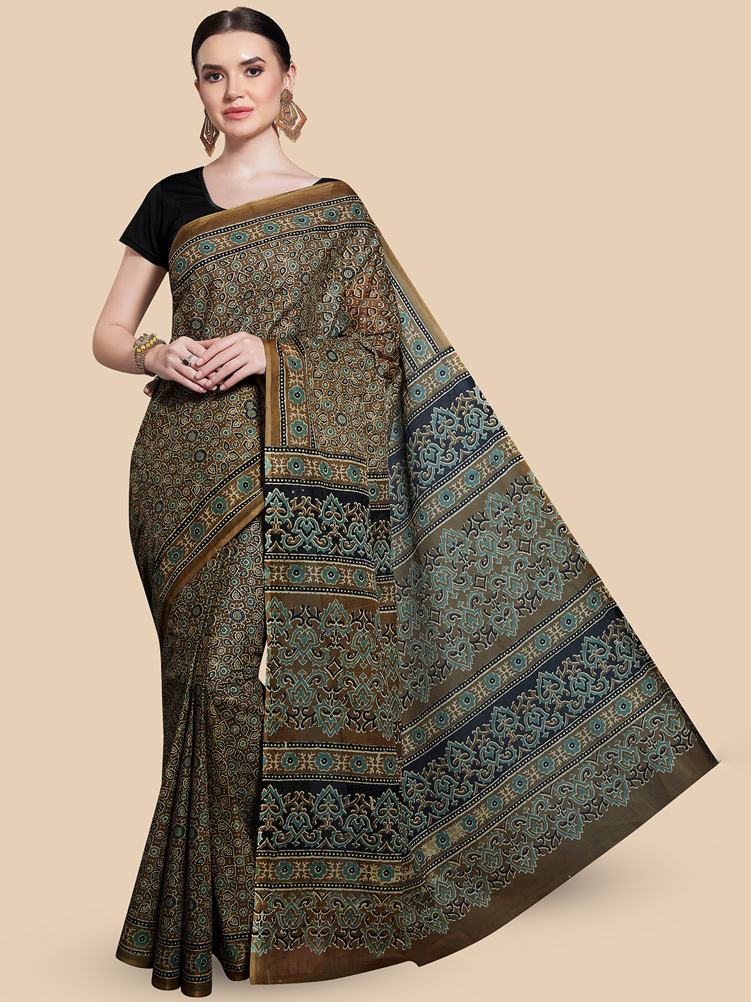 Buy Rani Saahiba Ethnic Motifs Printed Pure Cotton Block Print Saree ...