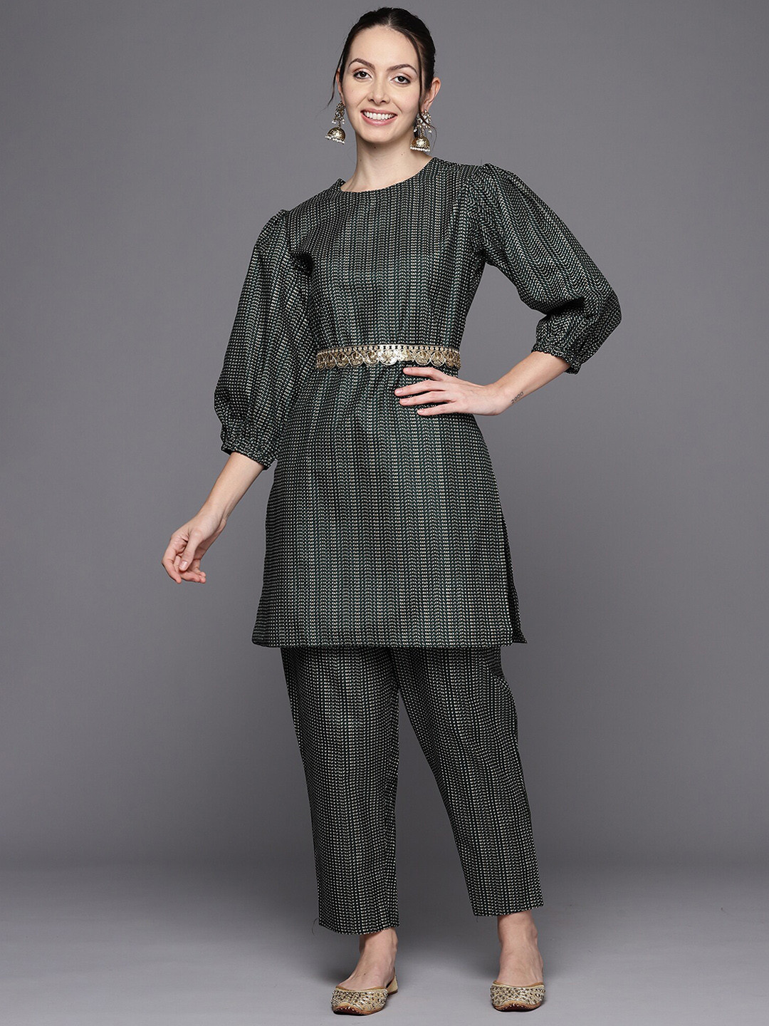 Buy Indo Era Ethnic Motifs Printed Puff Sleeves Straight Kurta With ...
