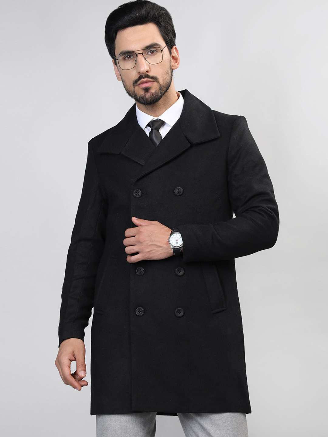 Buy HONNETE Notched Lapel Double Breasted Longline Pea Coat - Coats for Men 24924812 | Myntra