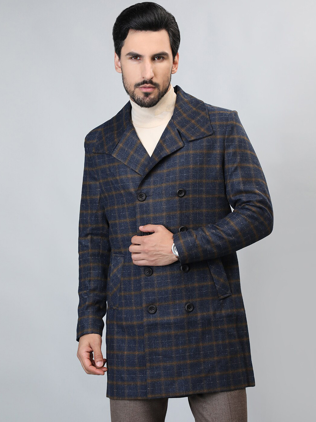 Buy HONNETE Checked Double Breasted Longline Pea Coat - Coats for Men 24924824 | Myntra