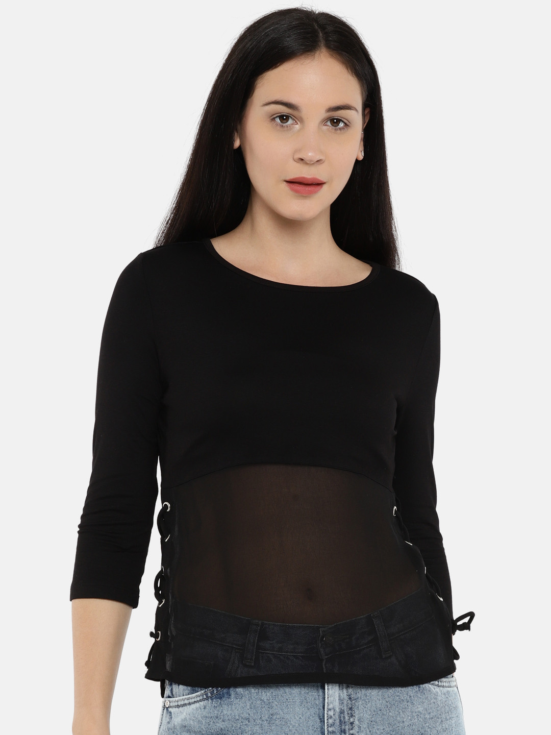 Buy ONLY Women Black Solid Semi Sheer Top - Tops for Women 2492608 | Myntra