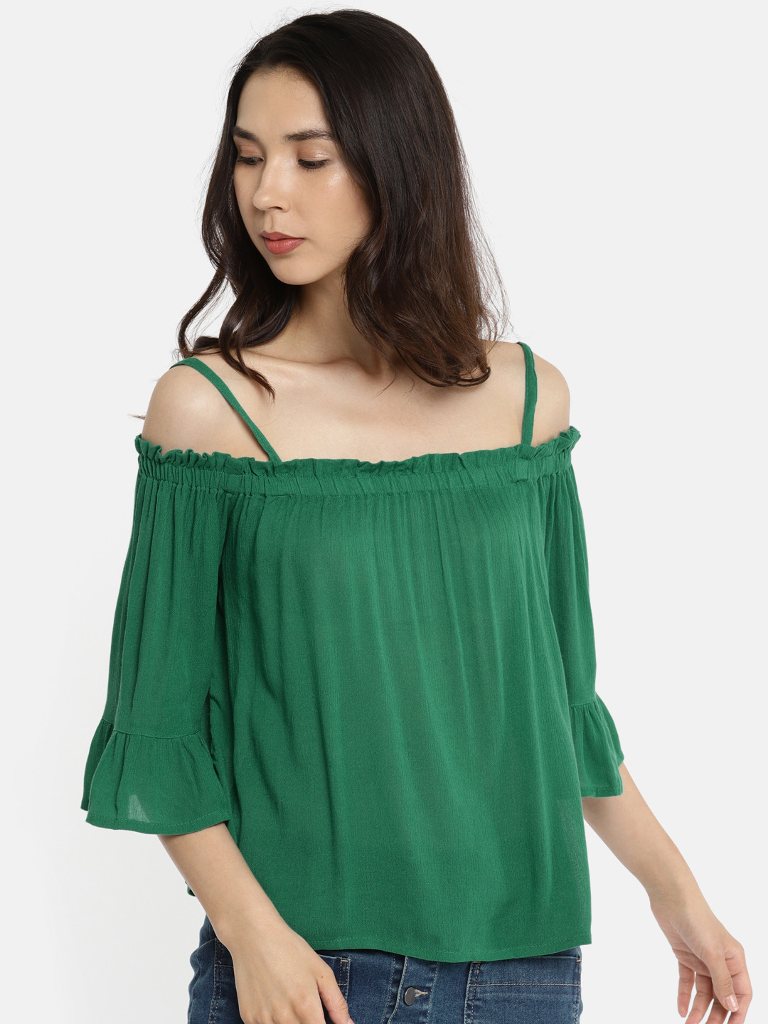 Buy ONLY Women Green Solid Off Shoulder Bardot Top - Tops for Women ...