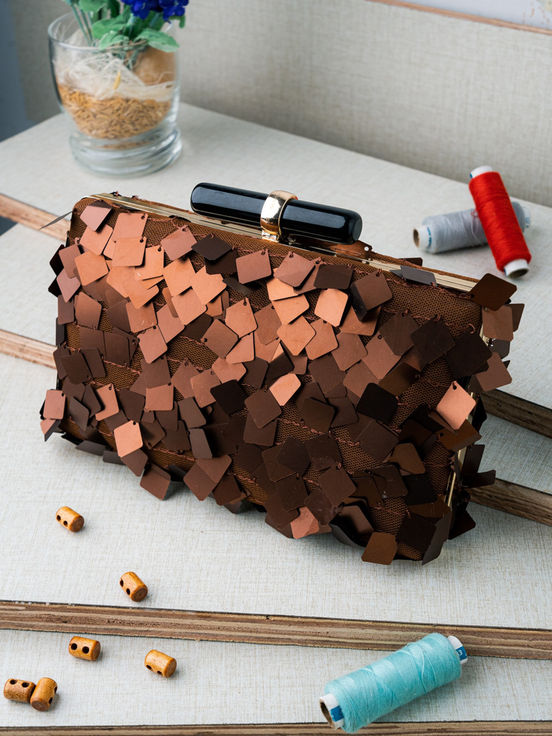 Buy DressBerry Gold Toned & Brown Embellished Box Clutch - Clutches for ...