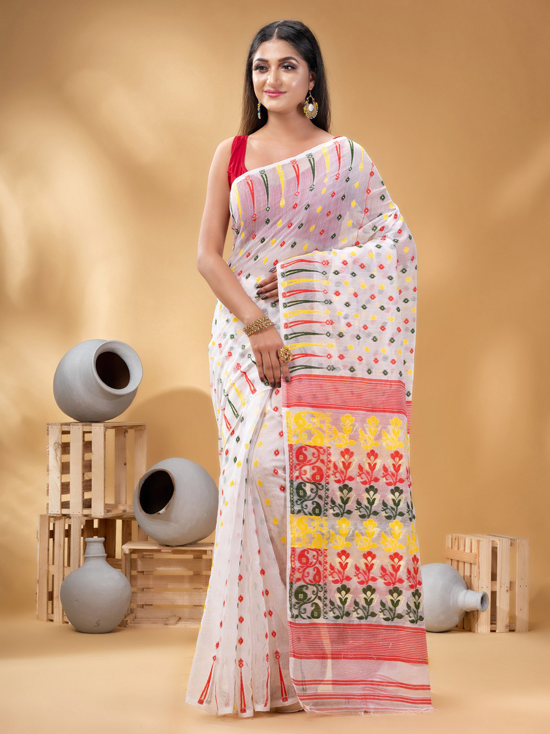 Buy DESH BIDESH Ethnic Motifs Woven Design Pure Cotton Jamdani Saree ...