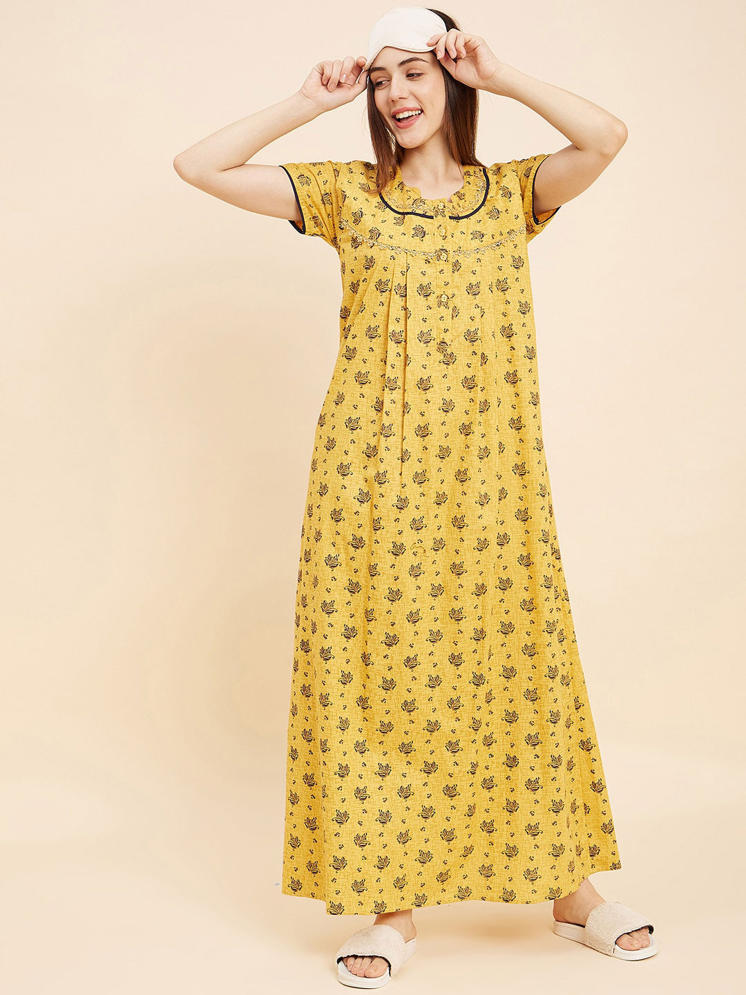 Buy Sweet Dreams Yellow Floral Printed Pure Cotton Maxi Nightdress ...