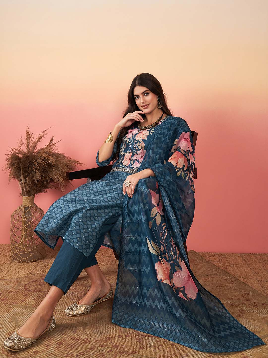 Buy Indo Era Floral Printed Regular Sequinned Kurta With Trousers & Dupatta - Kurta Sets for ...