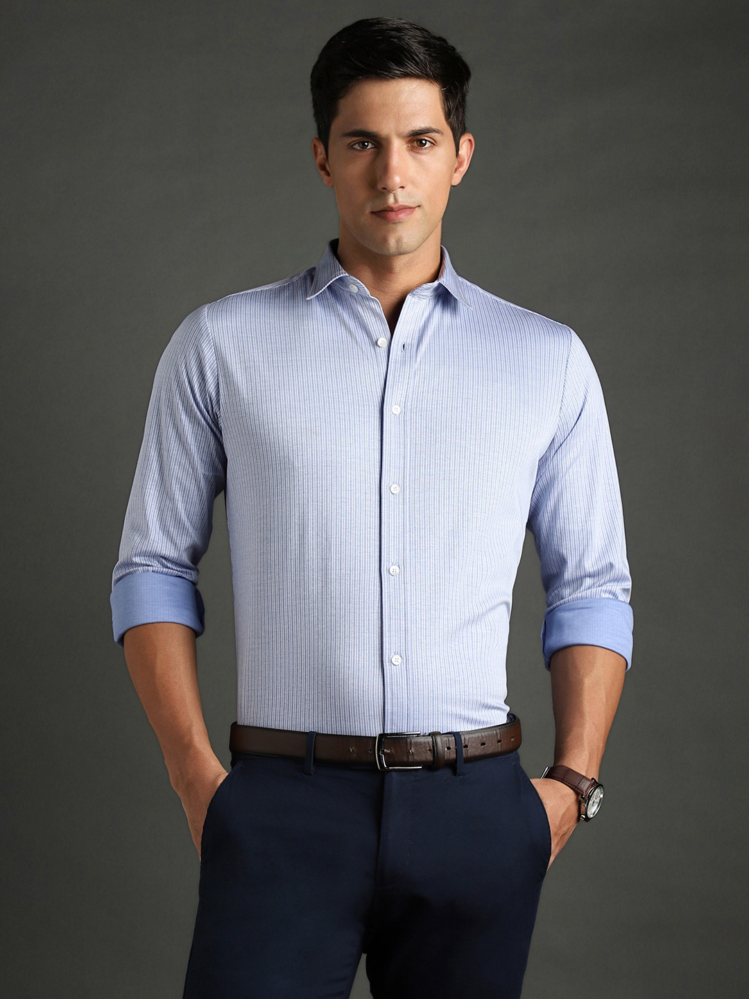 Buy Bergamo Slim Fit Vertical Stripes Pure Cotton Knitted Formal Shirt ...